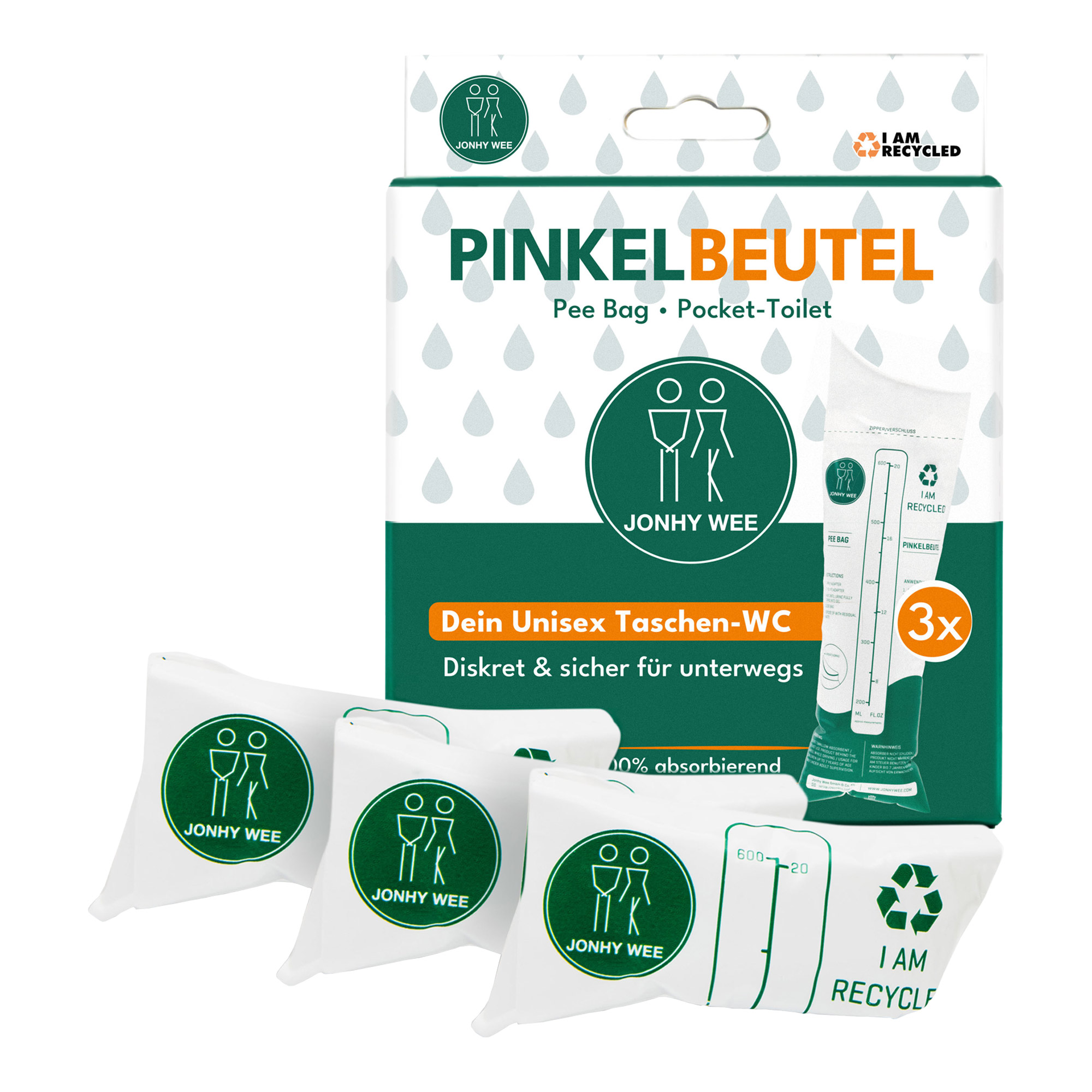 Jonhy Wee Notfalltoilette Pinkelbeutel 3er Pack, Reisetoilette